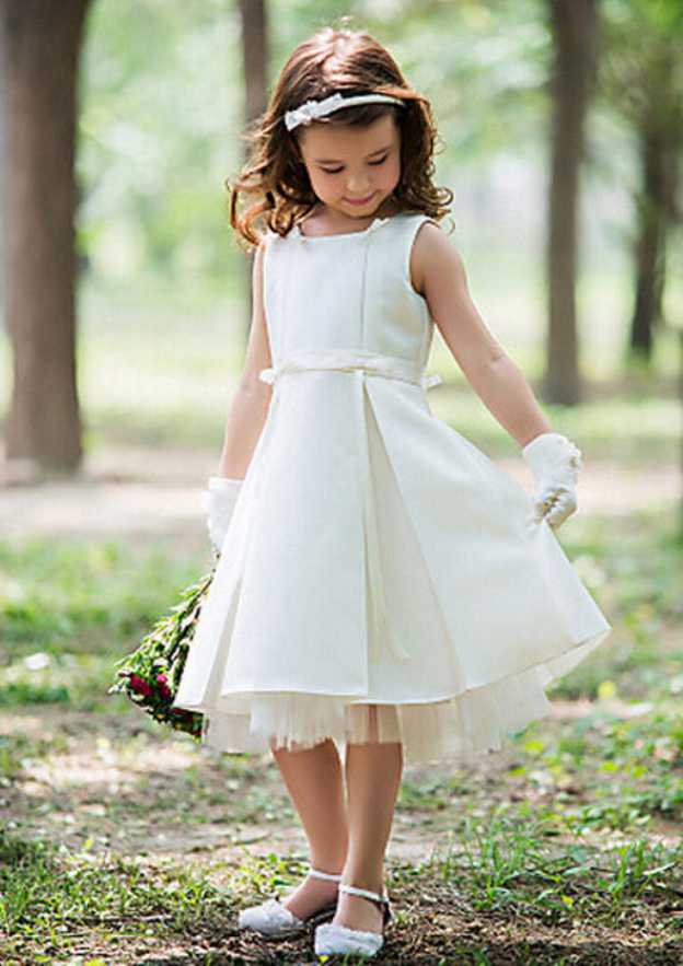 Lovely Princess Satin Flower Girl Dress Tea-Length With Waistband ...