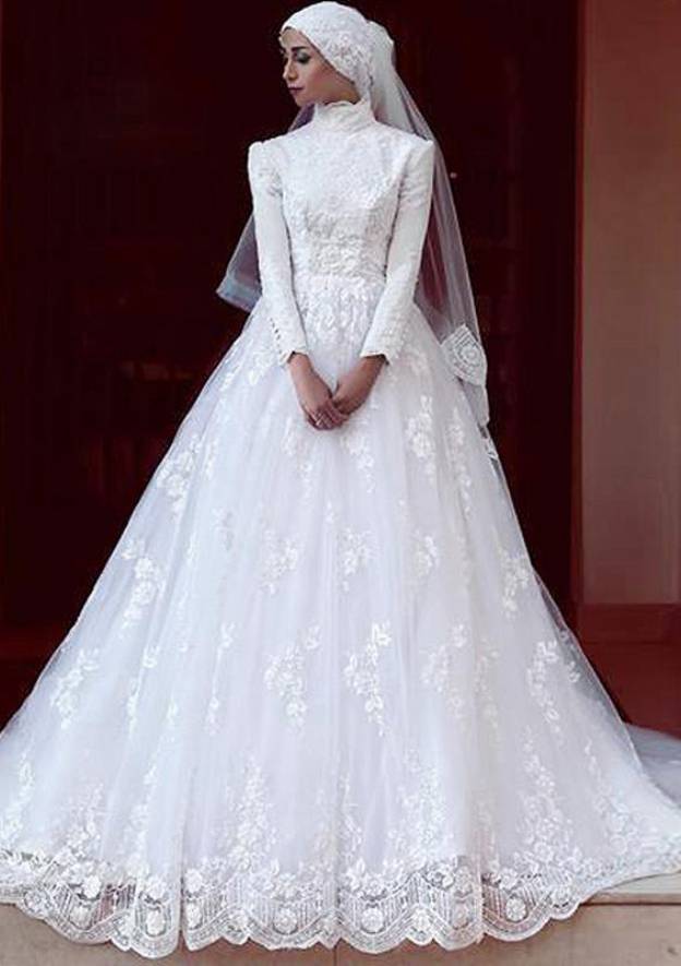Full/Long Sleeve High-Neck Chapel Train A-line/Princess Lace Wedding ...