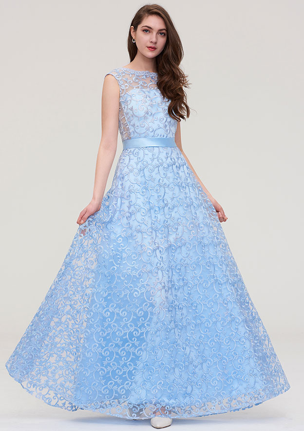 Bateau Sleeveless Long/Floor-Length Lace A-line/Princess Prom Dress ...