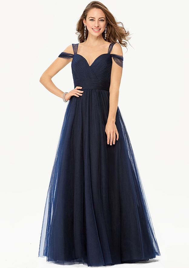 A-line V Neck Sleeveless Tulle Satin Long/Floor-Length Prom Dress With ...