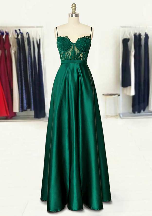 A-line Sweetheart Spaghetti Straps Long/Floor-Length Satin Prom Dress ...