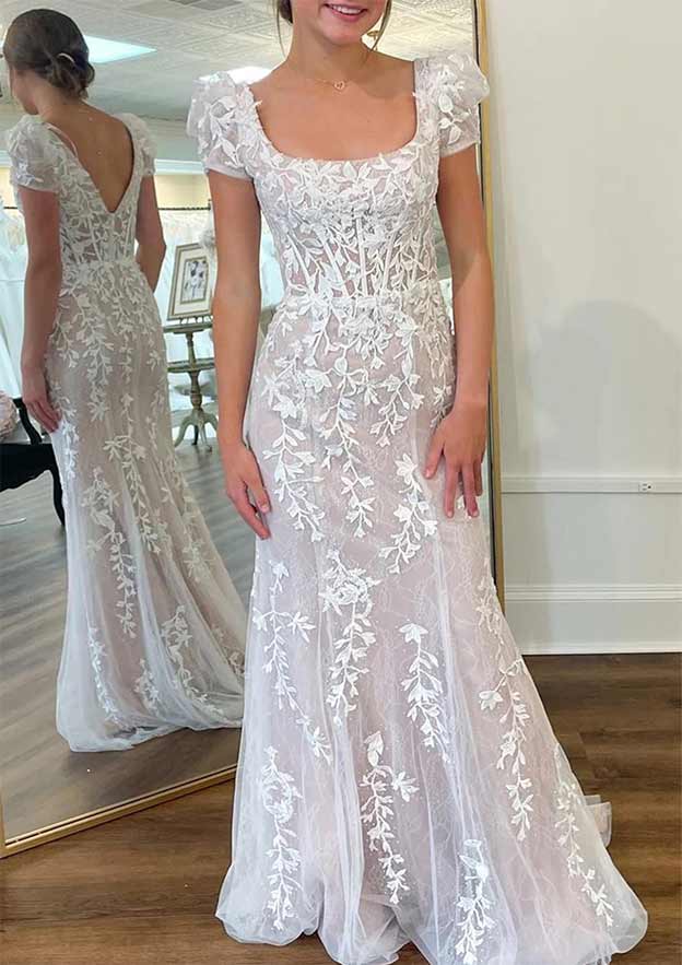 Sheath/Column Square Neckline Sweep Train Tulle Prom Dress with ...