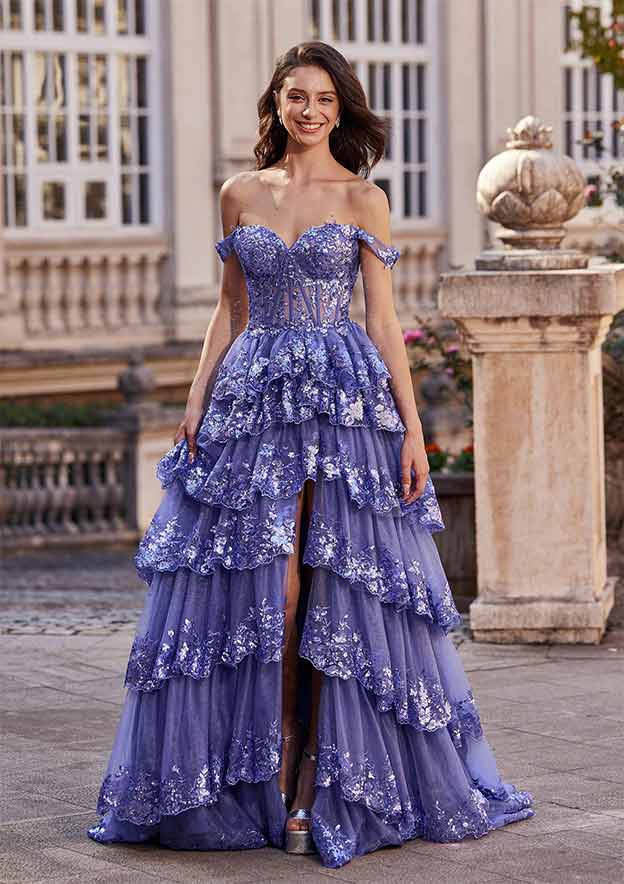 A-line Tulle Prom Dress Off-the-Shoulder Sweep Train with Ruffles ...