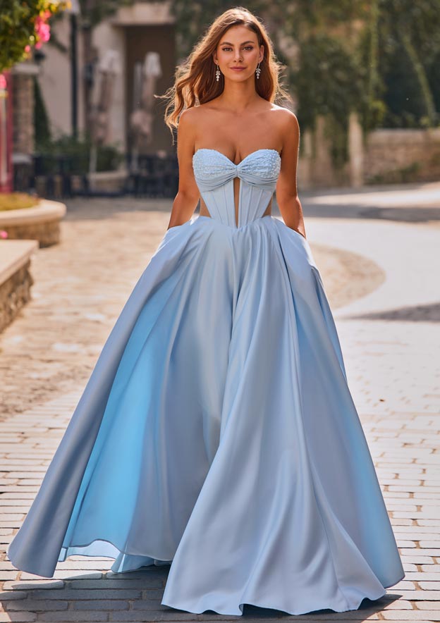 A-line Satin Prom Dress Sweetheart Sweep Train with Beading Pleated ...