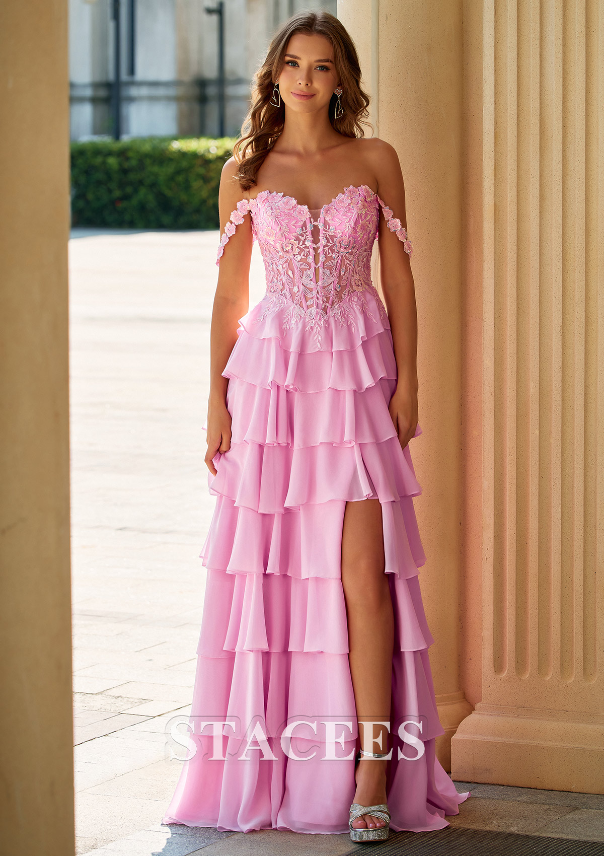 A-line Chiffon Prom Dress Off-the-Shoulder Floor-Length with Appliqued ...