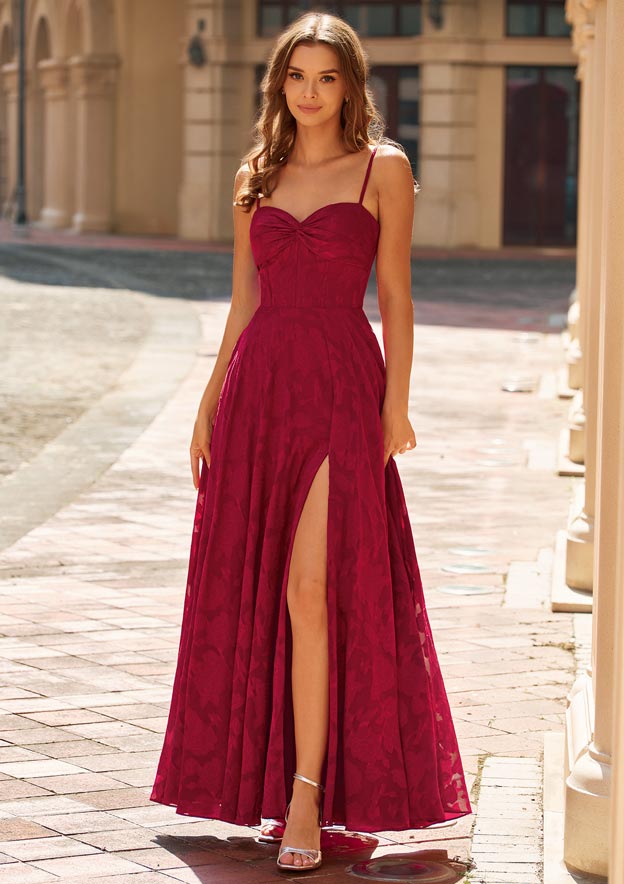 A-line Spaghetti Strap Jacquard Prom Dress with Ruched Bodice Slit ...